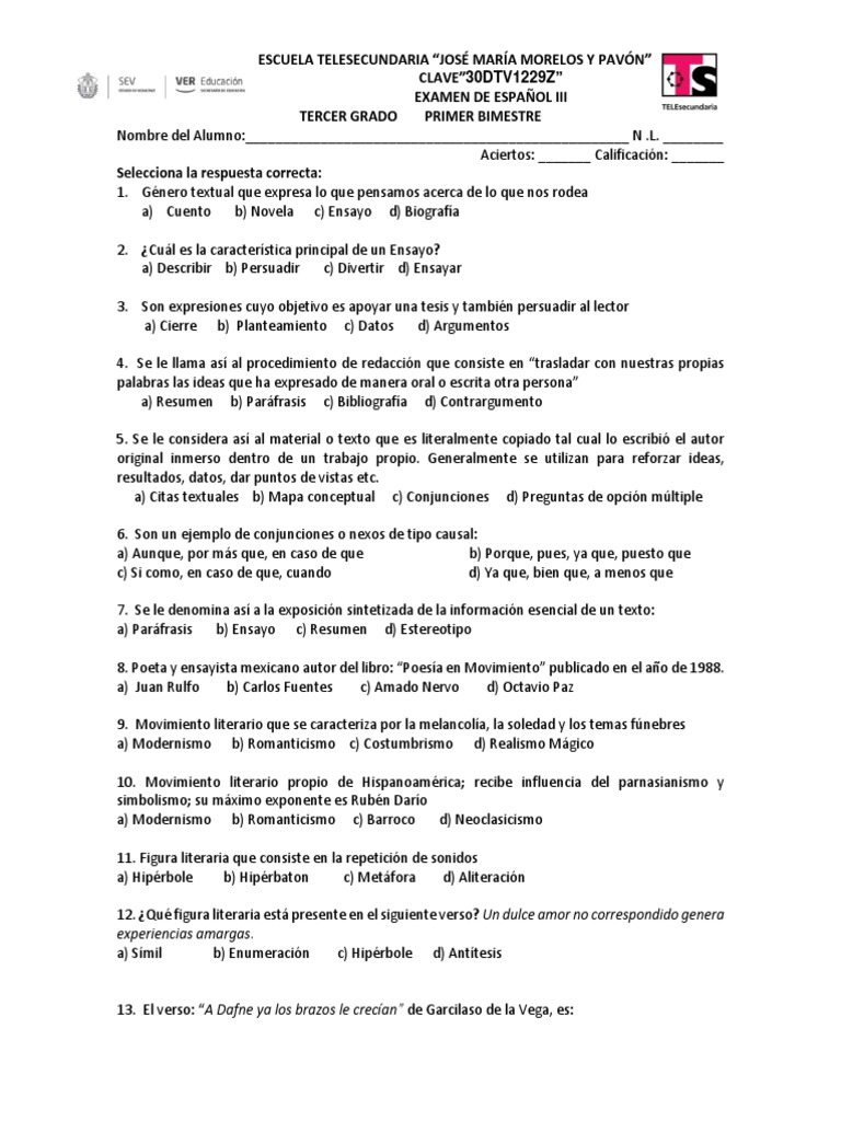 Examen de Tercer Grado Español | PDF | Ensayos | Publicidad