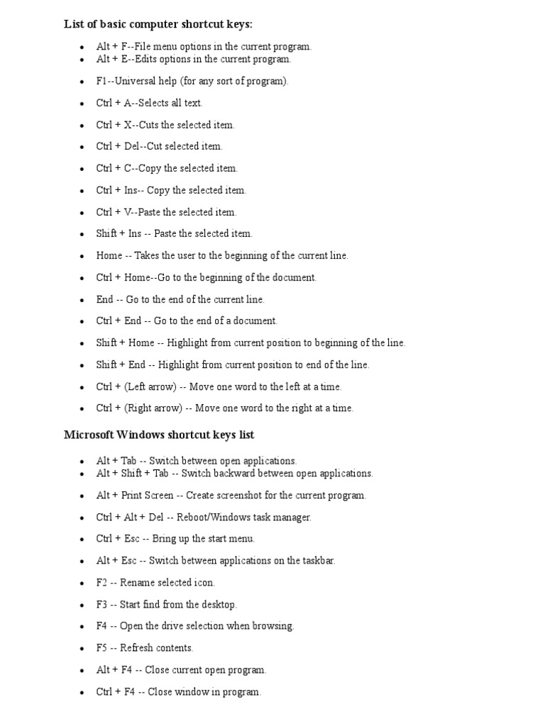List of Basic Computer Shortcut Keys | PDF | Human–Computer Interaction ...