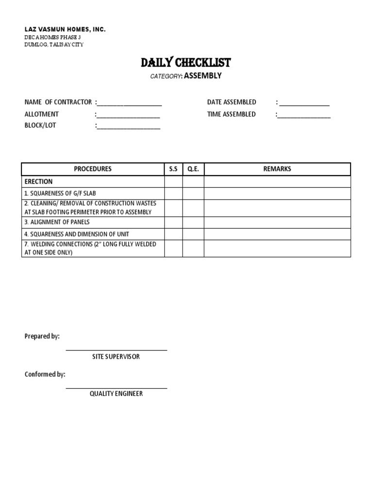 Daily Assembly Checklist for DECA Homes | PDF | Technology & Engineering