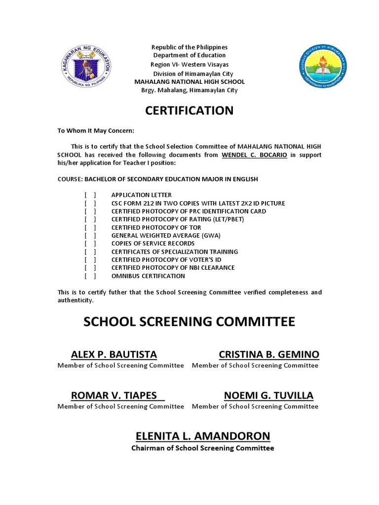 School Screening Committee: Certification | PDF | Identity Document ...