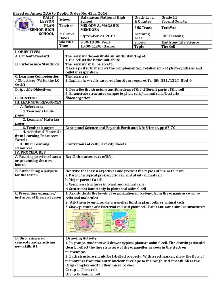 Based On Annex 2B.6 To Deped Order No. 42, S. 2016 Daily Lesson Plan ...