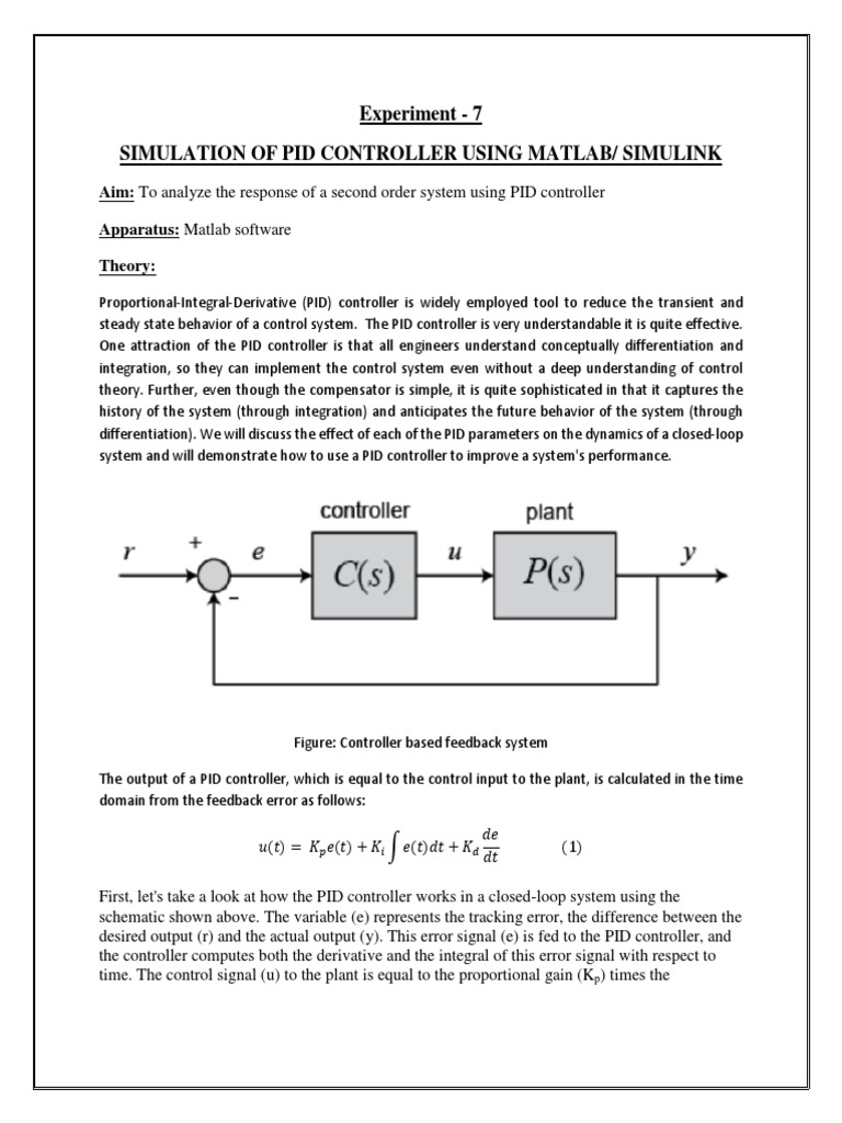 Experiment - 7 Simulation of Pid Controller Using Matlab/ Simulink ...