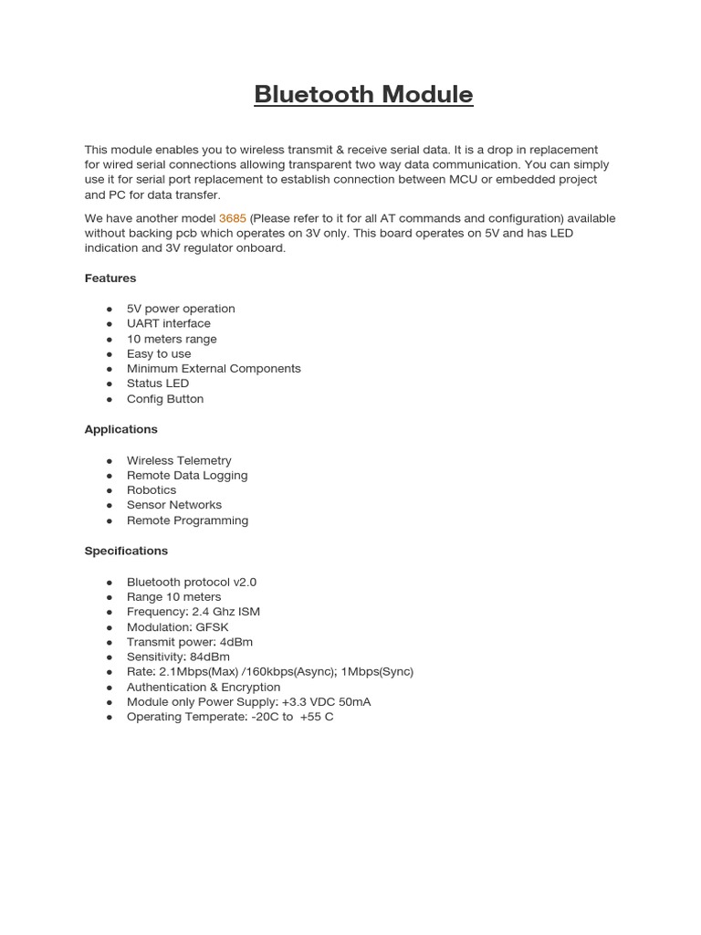 Bluetooth Module: Features | PDF