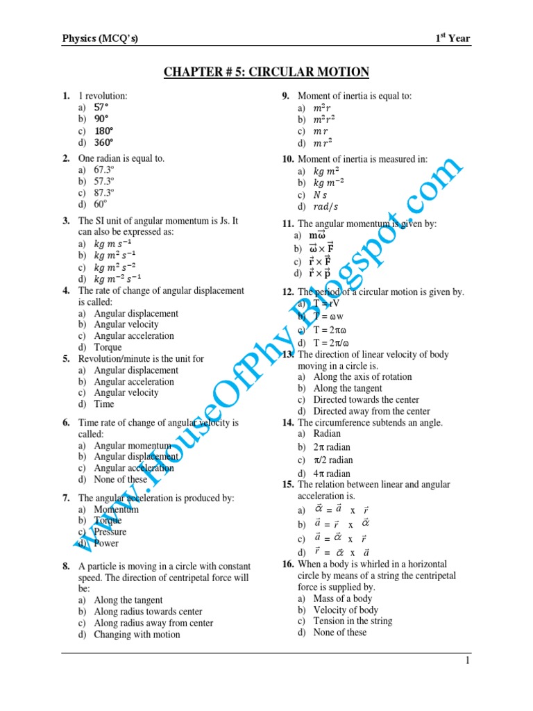 Chapter # 5: Circular Motion: Physics (MCQ'S) 1 Year | PDF | Torque ...