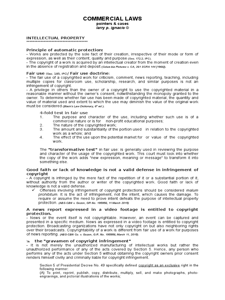 Commercial Laws: 4-Fold Test in Fair Use | PDF | Fair Use | Copyright