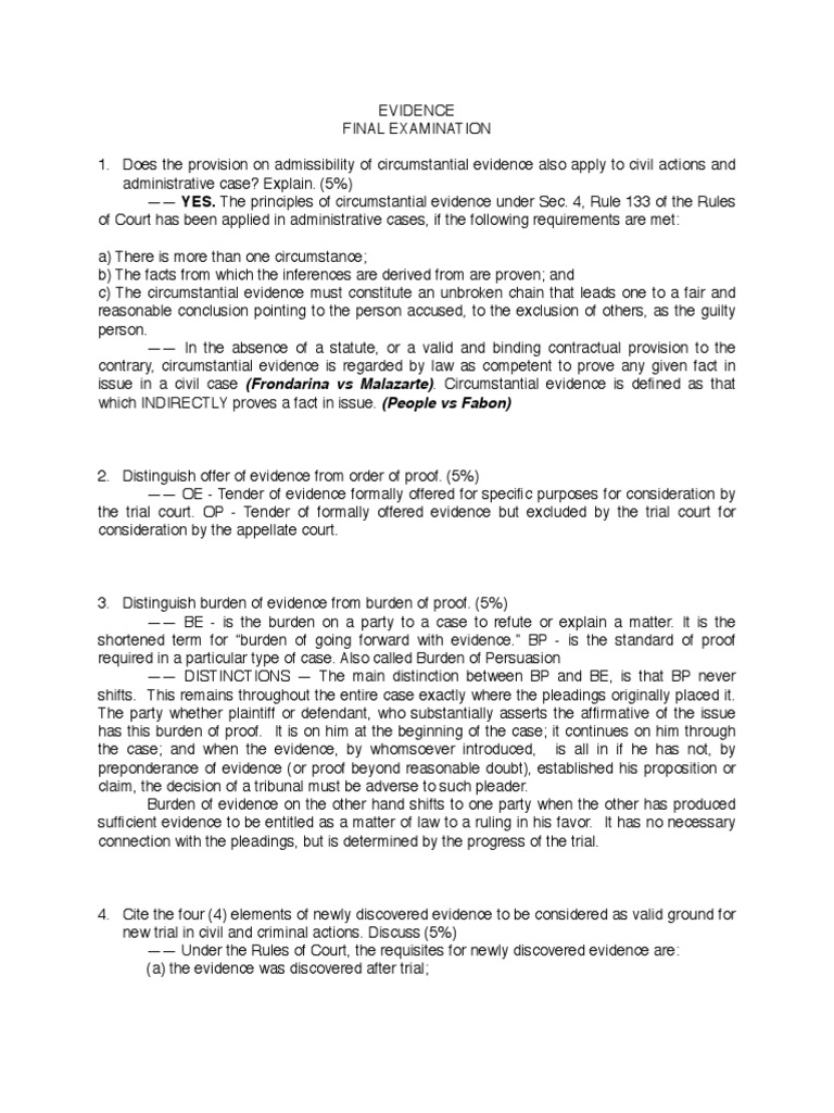 Evidence Finals Samplex by LLL | PDF | Burden Of Proof (Law) | Evidence