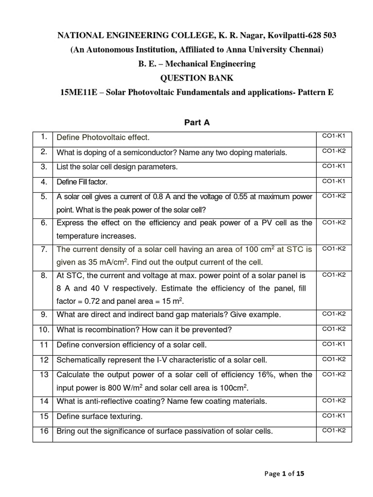 15ME11E - Solar PV - Question Bank | PDF | Photovoltaic System ...