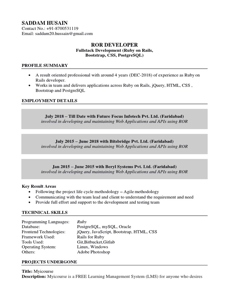 Saddam Resume | PDF | Ruby On Rails | Bootstrap (Front End Framework)