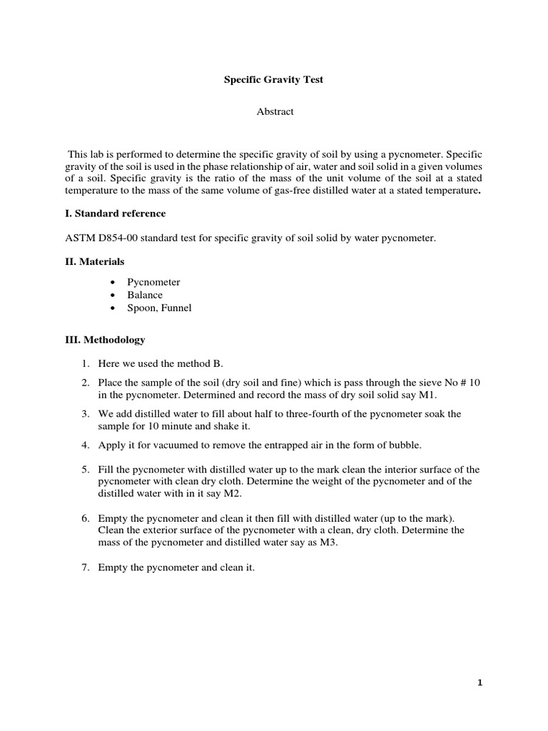 Specific Gravity Test of Soil by Pycnometer | PDF | Soil | Density