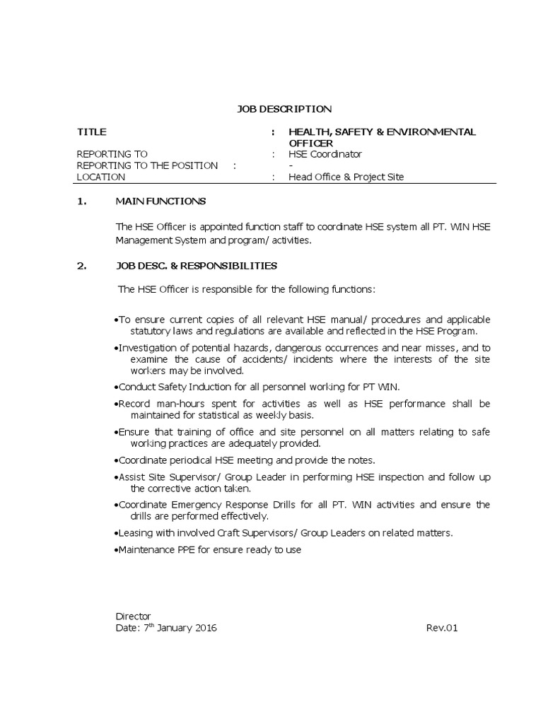 HSE Officer Job Description and Duties | PDF | Business | Science ...