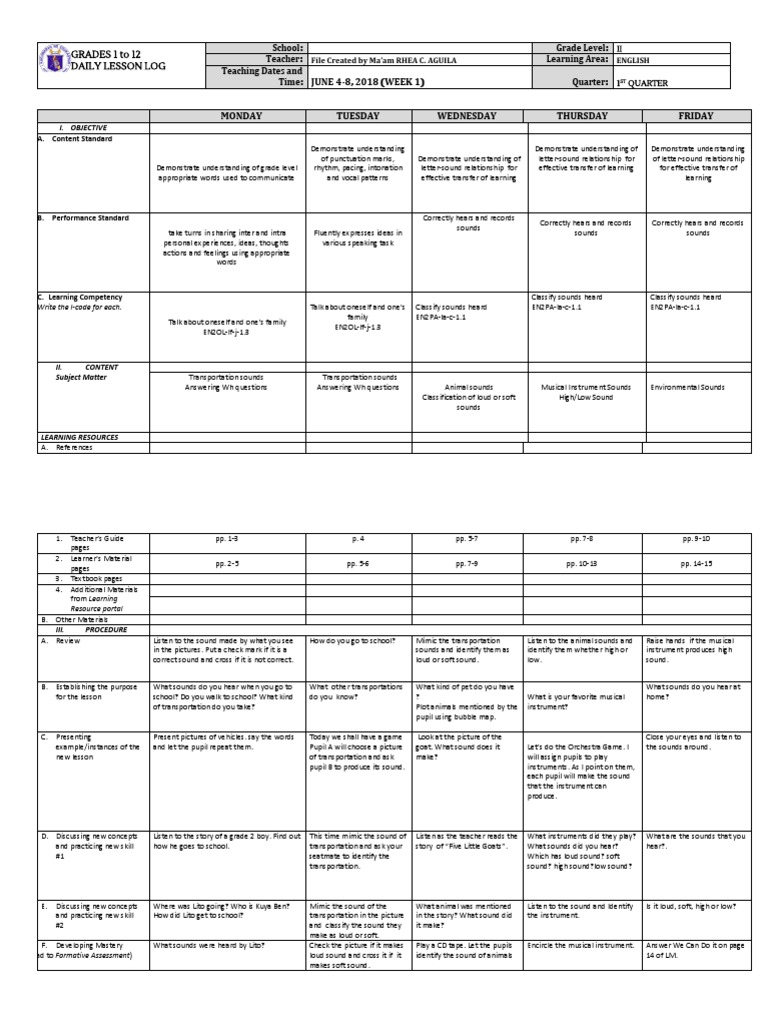 GRADES 1 To 12 Daily Lesson Log: JUNE 4-8, 2018 (WEEK 1) | PDF | Sound ...