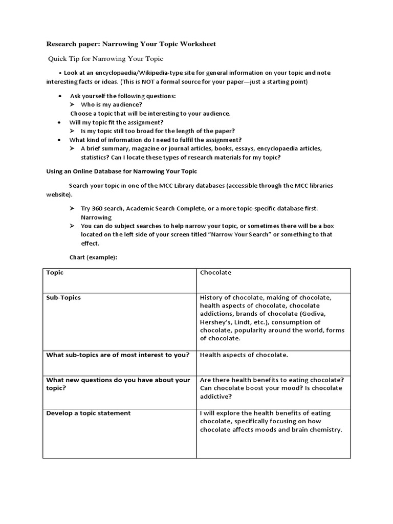Narrowing Your Research Topic Guide | PDF | Chocolate | Databases