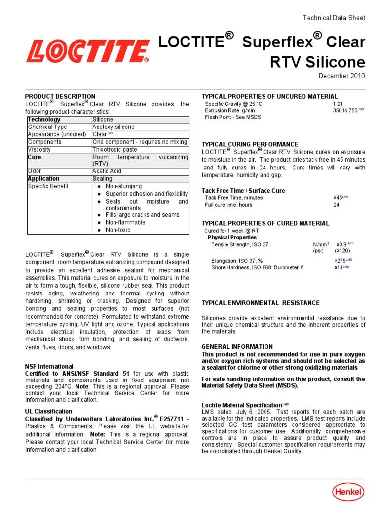 Loctite Superflex Clear RTV Silicone: Technical Data Sheet | PDF ...