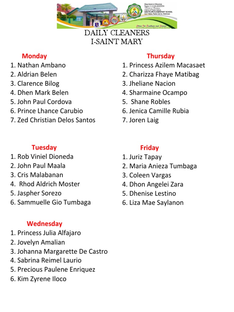 Daily Cleaners I-Saint Mary: Monday Thursday | PDF | Mystery, Thriller ...