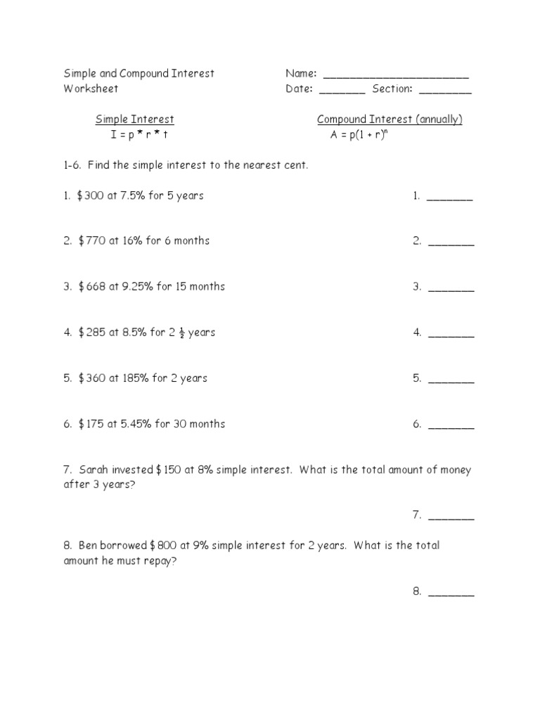 Simple and Compound Interest Worksheet | PDF