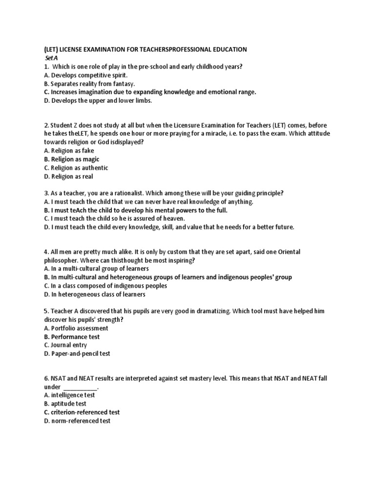 Set A | PDF | Teachers | Test (Assessment)