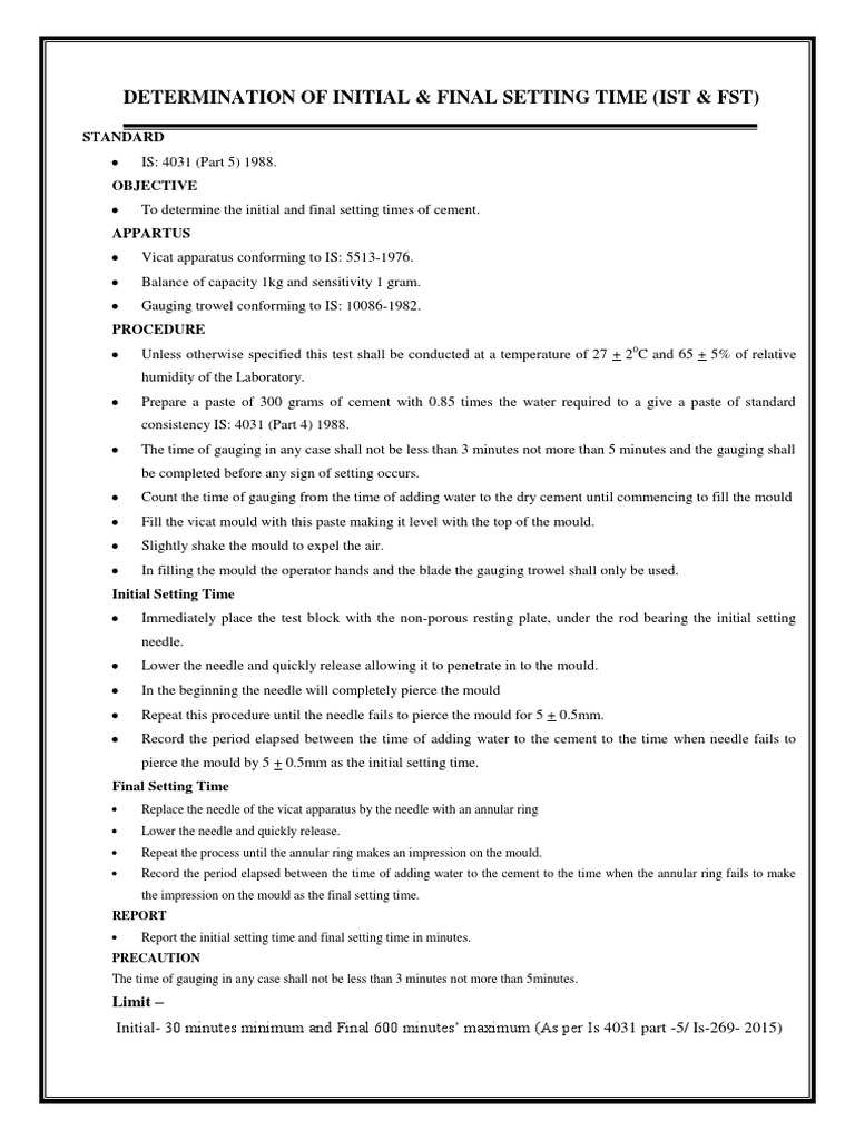 Determination of Initial & Final Setting Time (Ist & FST) | PDF
