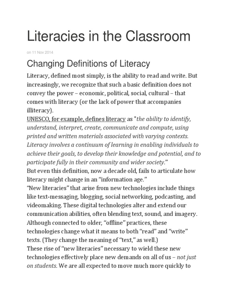 Literacies in The Classroom: Changing Definitions of Literacy | PDF ...