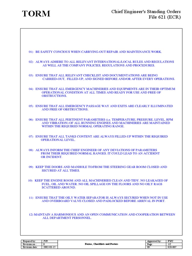 Chief Engineer's Standing Orders File 621 (ECR) | PDF | Nature
