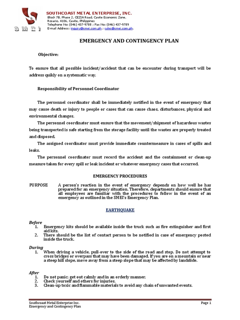 Emergency And Contingency Plan: Objective | Emergency | Emergency ...