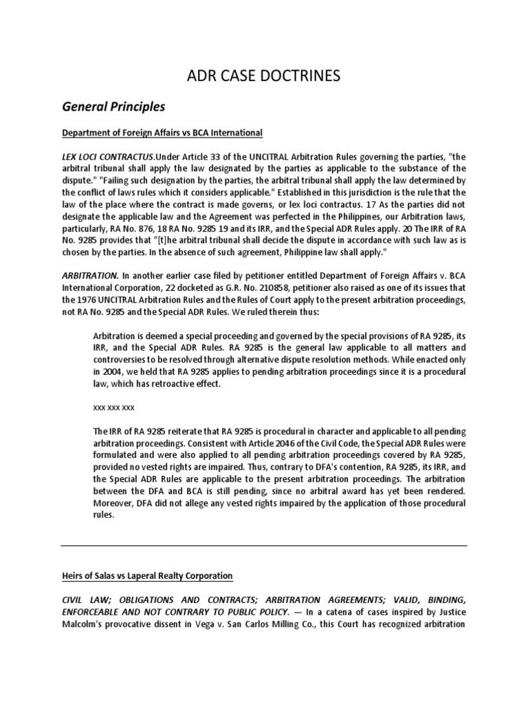 ADR Case Doctrines - Incomplete | PDF | Arbitration | Alternative ...
