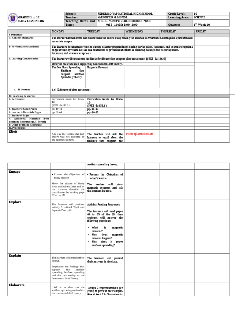 DLL Science 10 Quarter 1 Week 10 | PDF | Plate Tectonics | Teaching