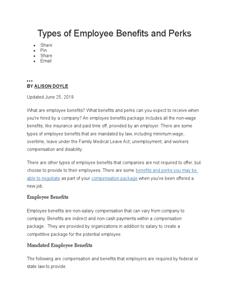 Types of Employee Benefits and Perks: - by Alison Doyle | PDF ...