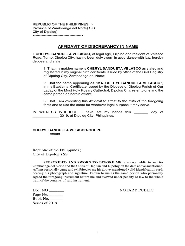 Affidavit Clarifying a Discrepancy Between a Woman's Name on Her Birth ...