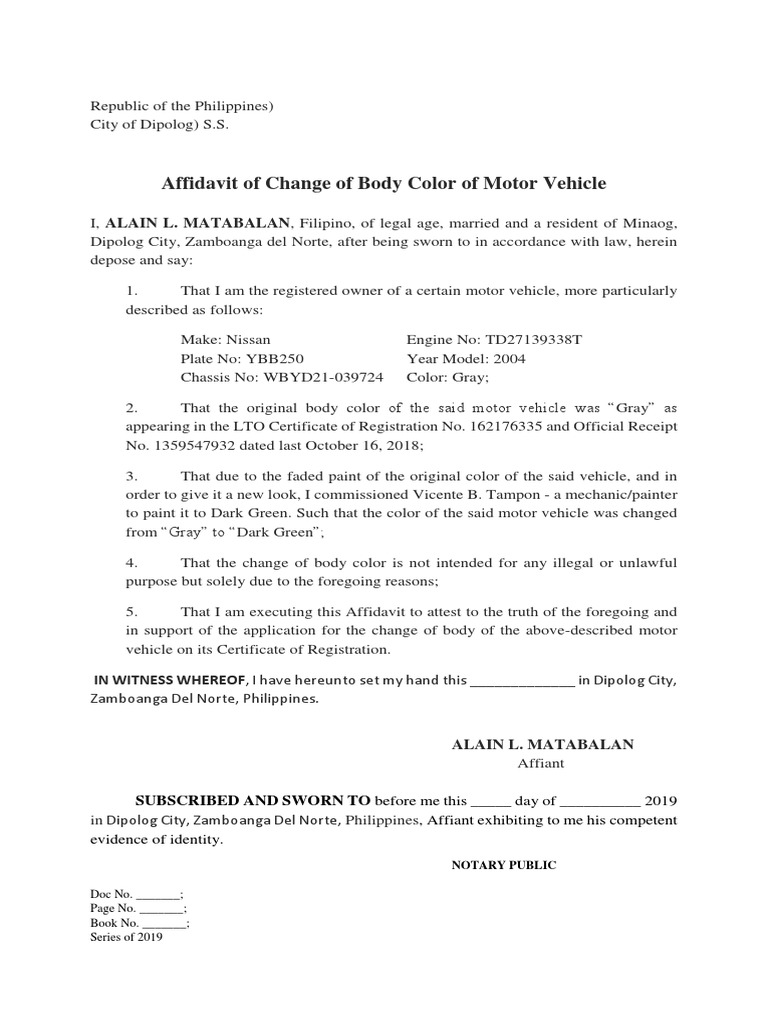 Affidavit for Vehicle Color Change | PDF