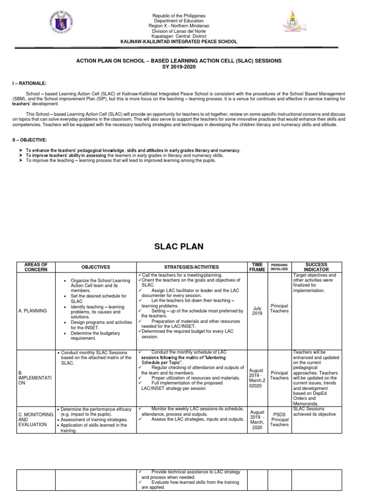 Action Plan On School - Based Learning Action Cell (Slac) Sessions SY 2019-2020 | PDF | Teachers ...