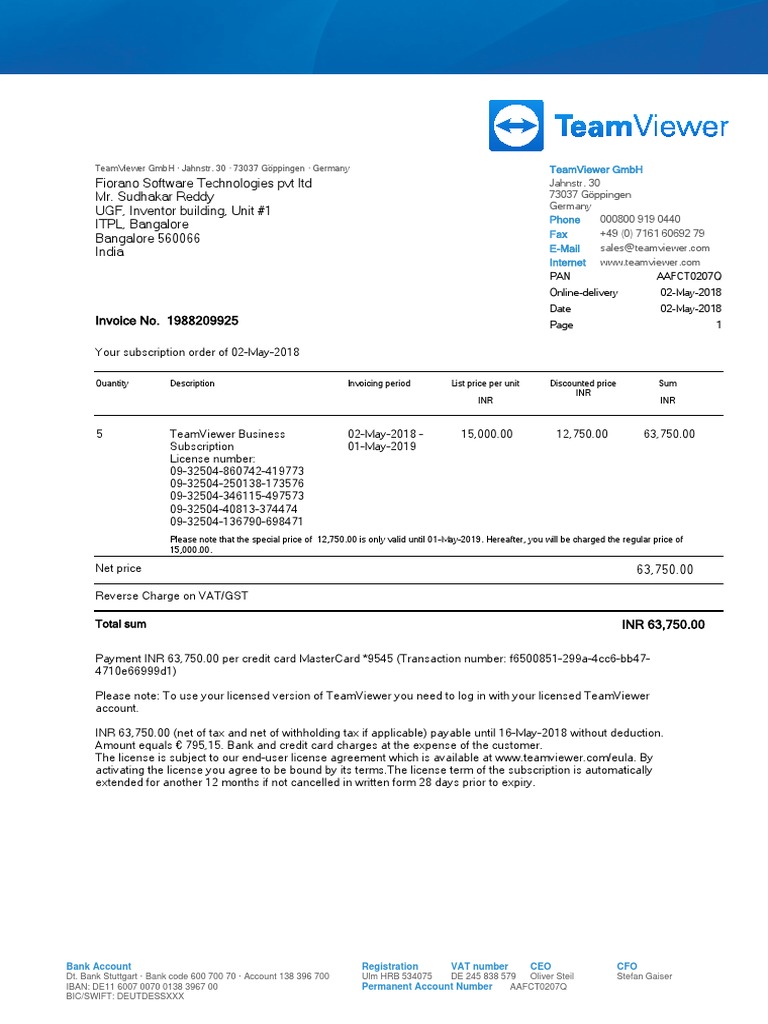 Teamviewer 1988209925 | PDF | Invoice | Credit Card