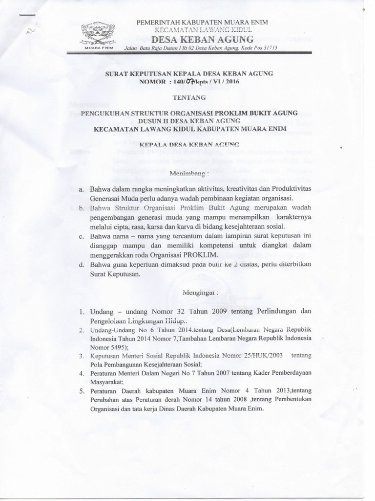 Contoh SK Proklim Dari Kades | PDF