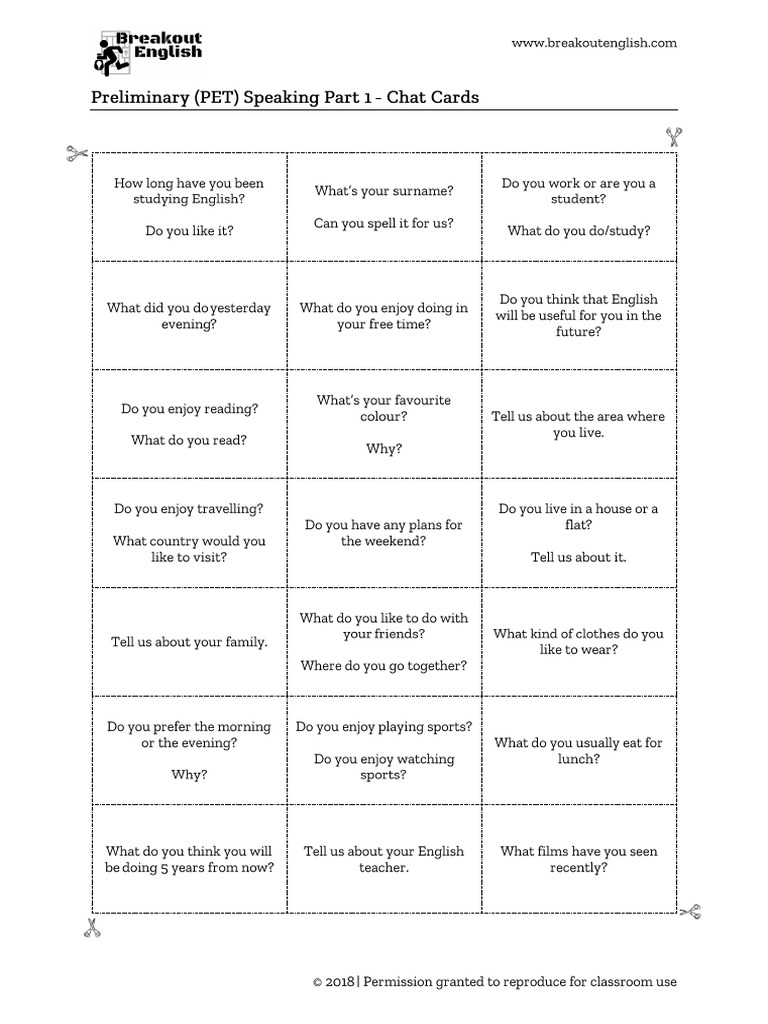 Preliminary PET Speaking Part 1 Chat Cards | PDF