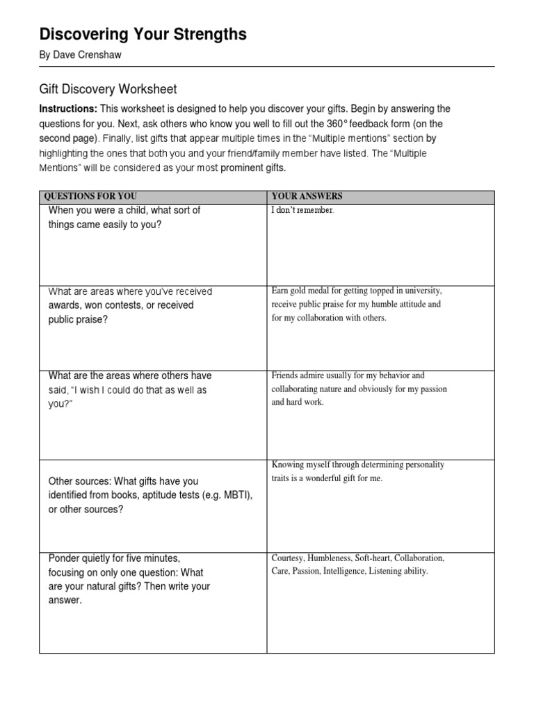 Gift Discovery Worksheet Guide | PDF | Cognitive Science | Behavioural ...