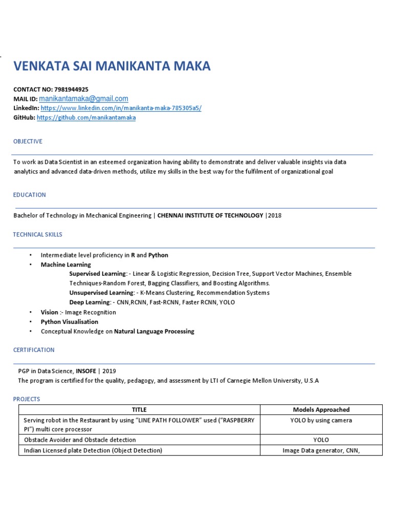Venkata Sai Manikanta Maka: Objective | PDF
