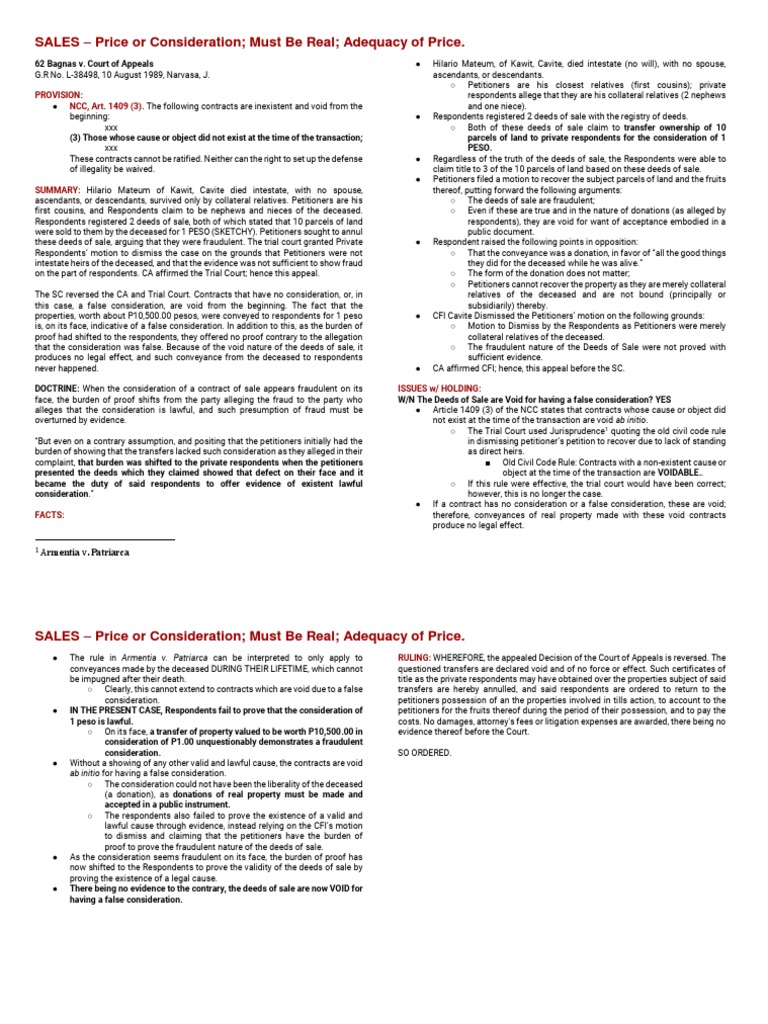 Sales - Price or Consideration Must Be Real Adequacy of Price | PDF ...