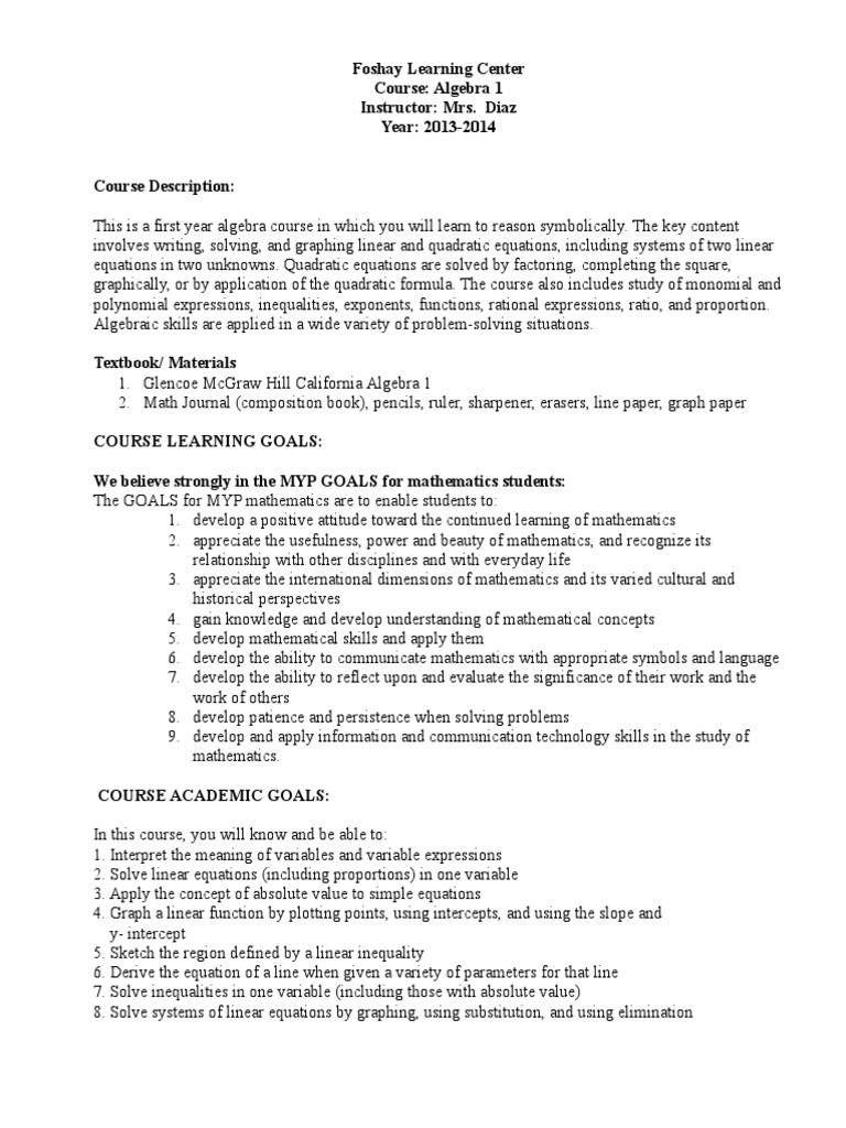 Algebra 1 Course Overview | PDF | Equations | Quadratic Equation
