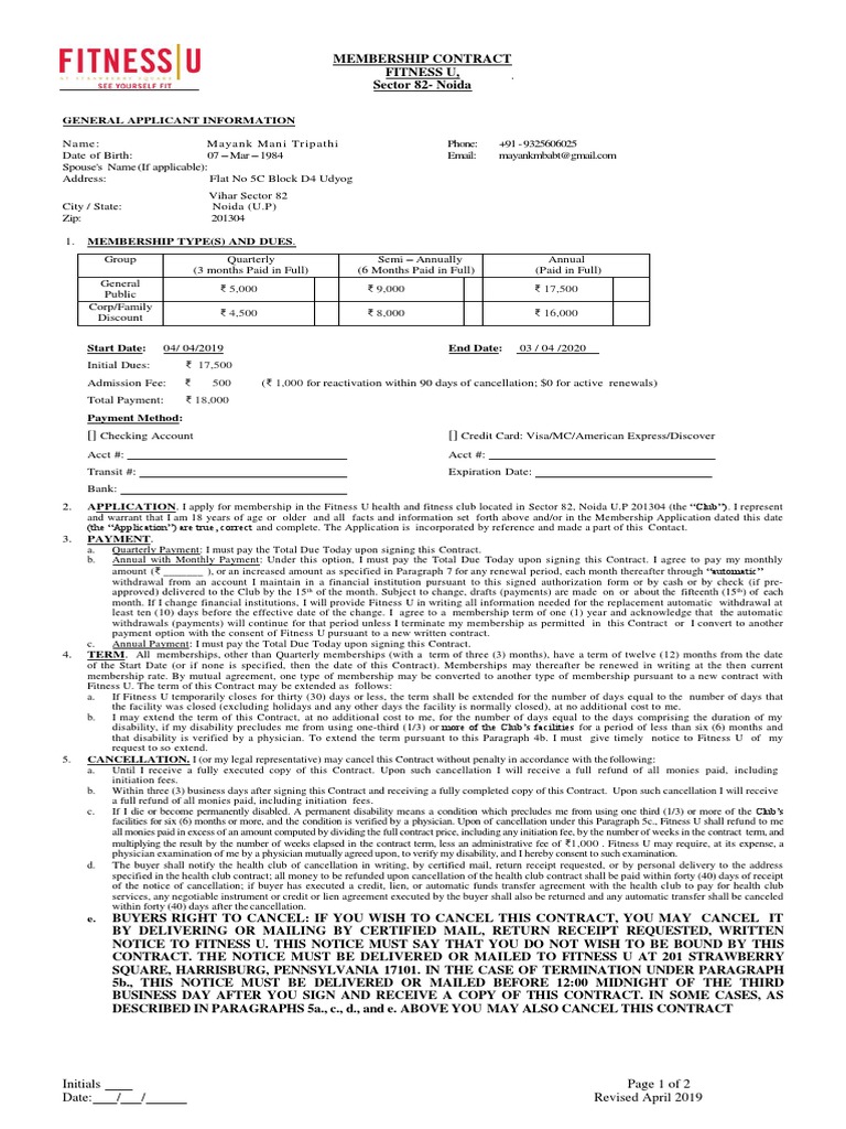 Gym Membership Payment Receipt and Contract | PDF | Fee | Payments