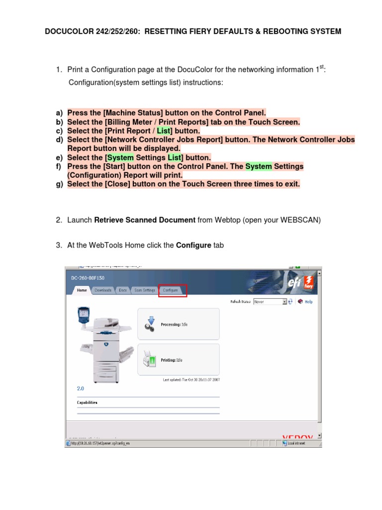 How To Reset Fiery Defaults From WebTools PDF | PDF | Button (Computing) | Ip Address