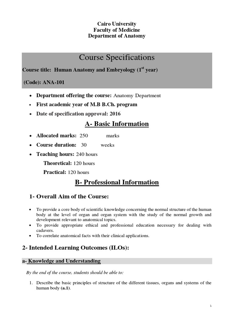 Course Specification 1st Year Final++ | PDF | Human Leg | Arm