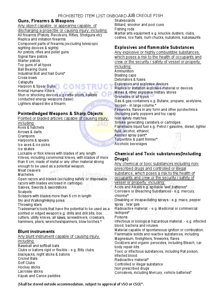 List of Prohibited Items On Vessel | PDF | Gun | Firearms
