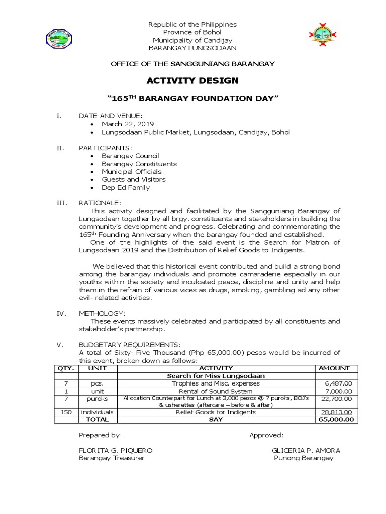 Activity Design: "165 Barangay Foundation Day" | PDF | Philippines