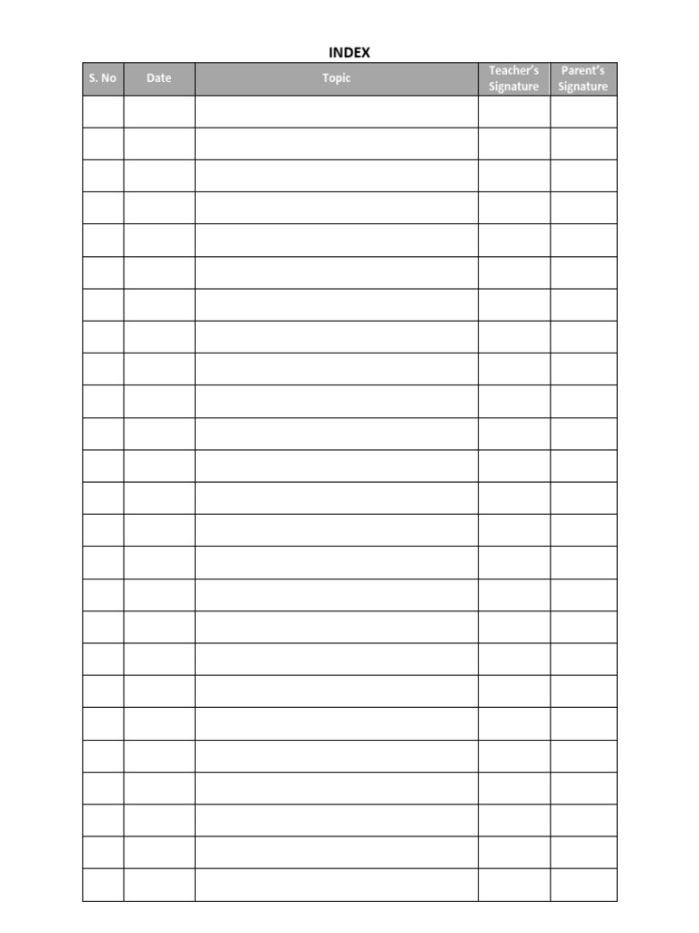 Index: S. No Date Topic Teacher's Signature Parent's Signature | PDF