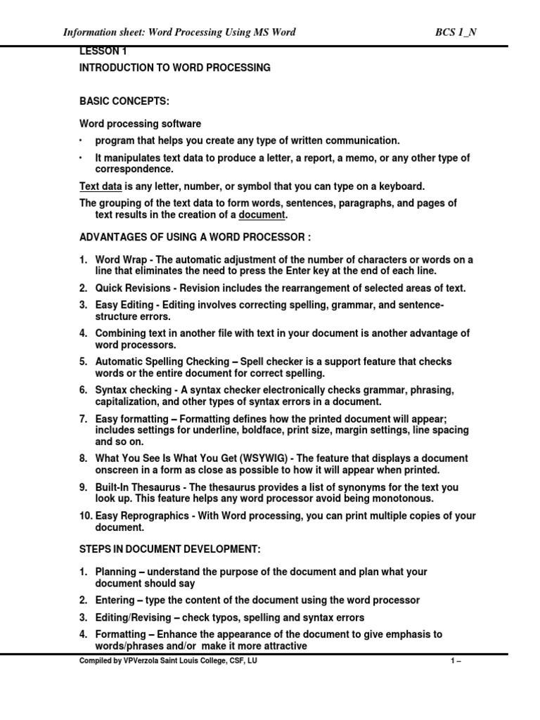 Information Sheet: Word Processing Using MS Word Bcs 1 - N | PDF ...