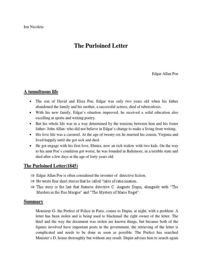 The Purloined Letter: A Detective Analysis | PDF | C. Auguste Dupin ...