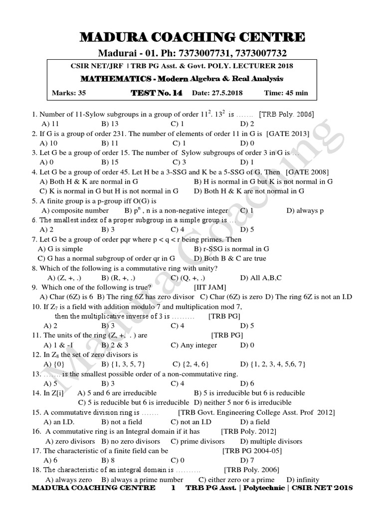 Modern Algebra (CH 10, Rings 1) RA Maths Test 27.5.2018 | PDF ...