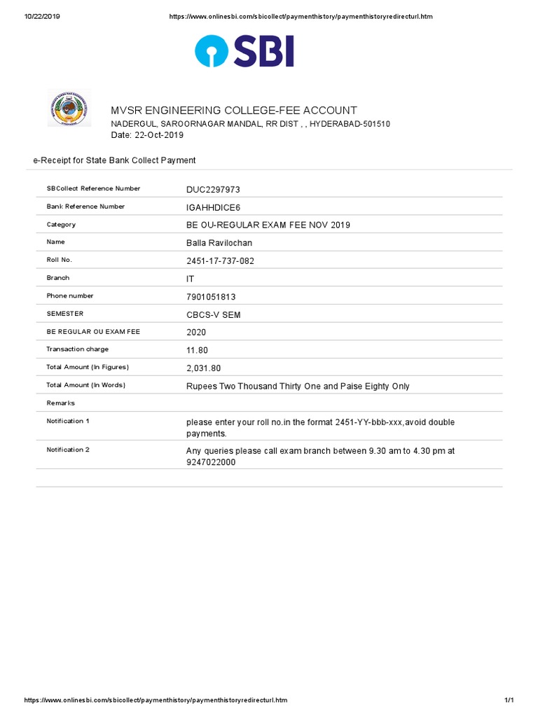 MVSR Engineering College-Fee Account: Nadergul, Saroornagar Mandal, RR ...