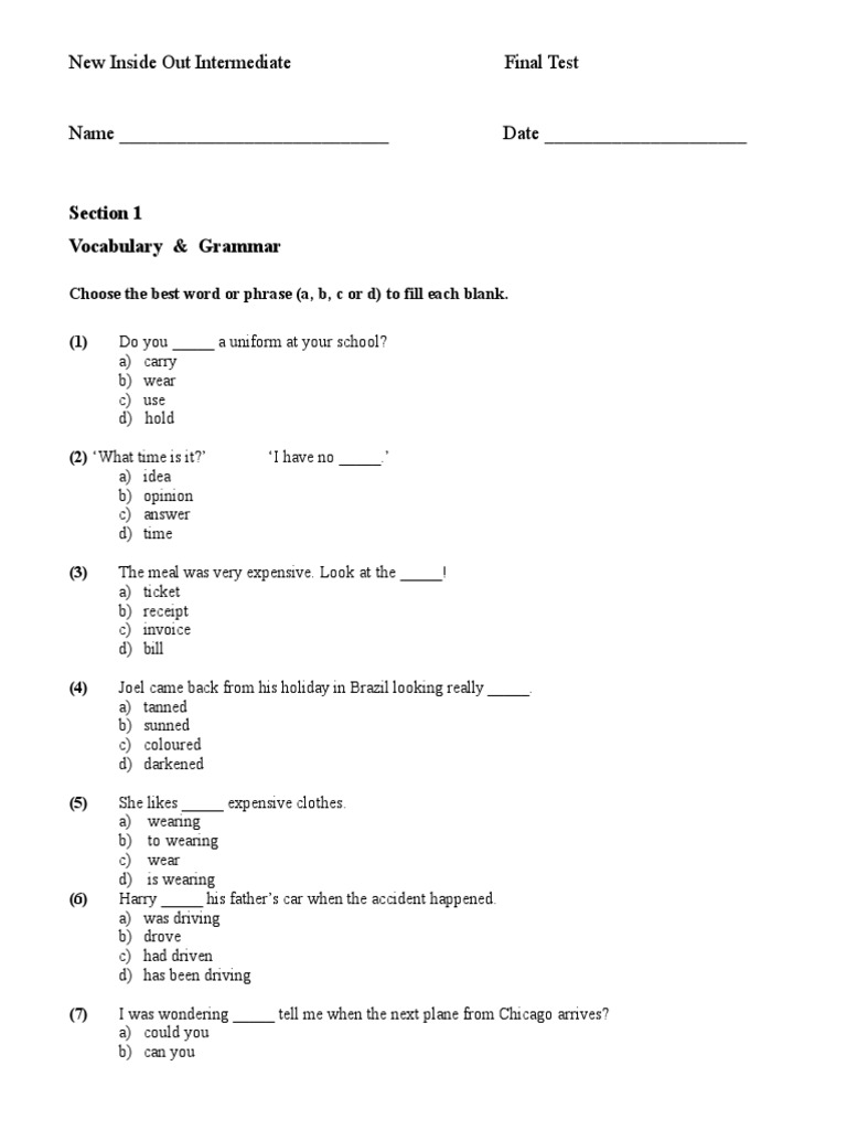 Final Test For Intermediate Students Pdf Grammatical Tense