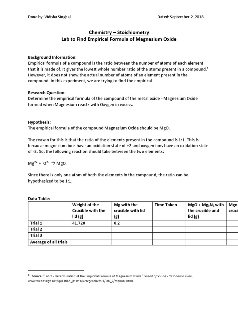 Chemistry - Stoichiometry Lab To Find Empirical Formula of Magnesium ...