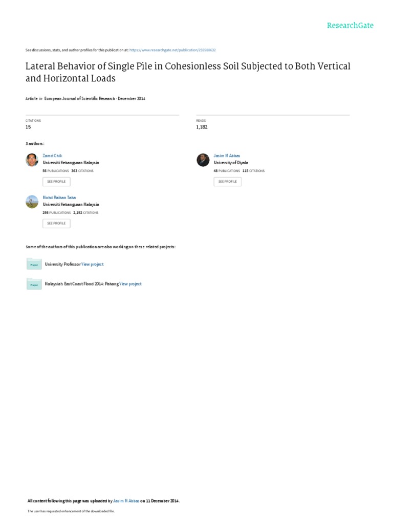 Lateral Behavior of Single Pile in Cohesionless Soil Subjected To Both ...